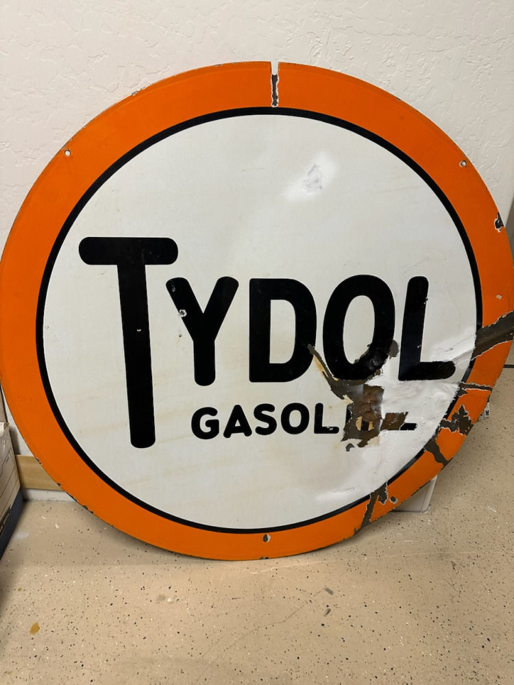 #M314 - 42" Tydol Gasoline 2 sided porcelain sign | MAG Auctions