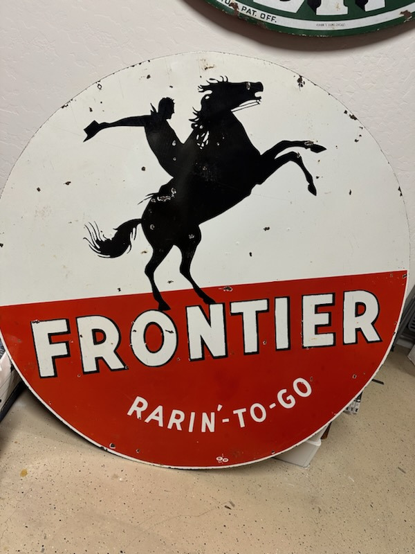 #M327 - 48" Frontier 2 sided porcelain sign | MAG Auctions