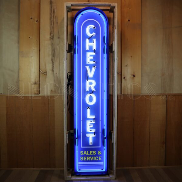 #M213 - 6-FOOT CHEVROLET VERTICAL NEON SIGN IN STEEL CAN | MAG Auctions